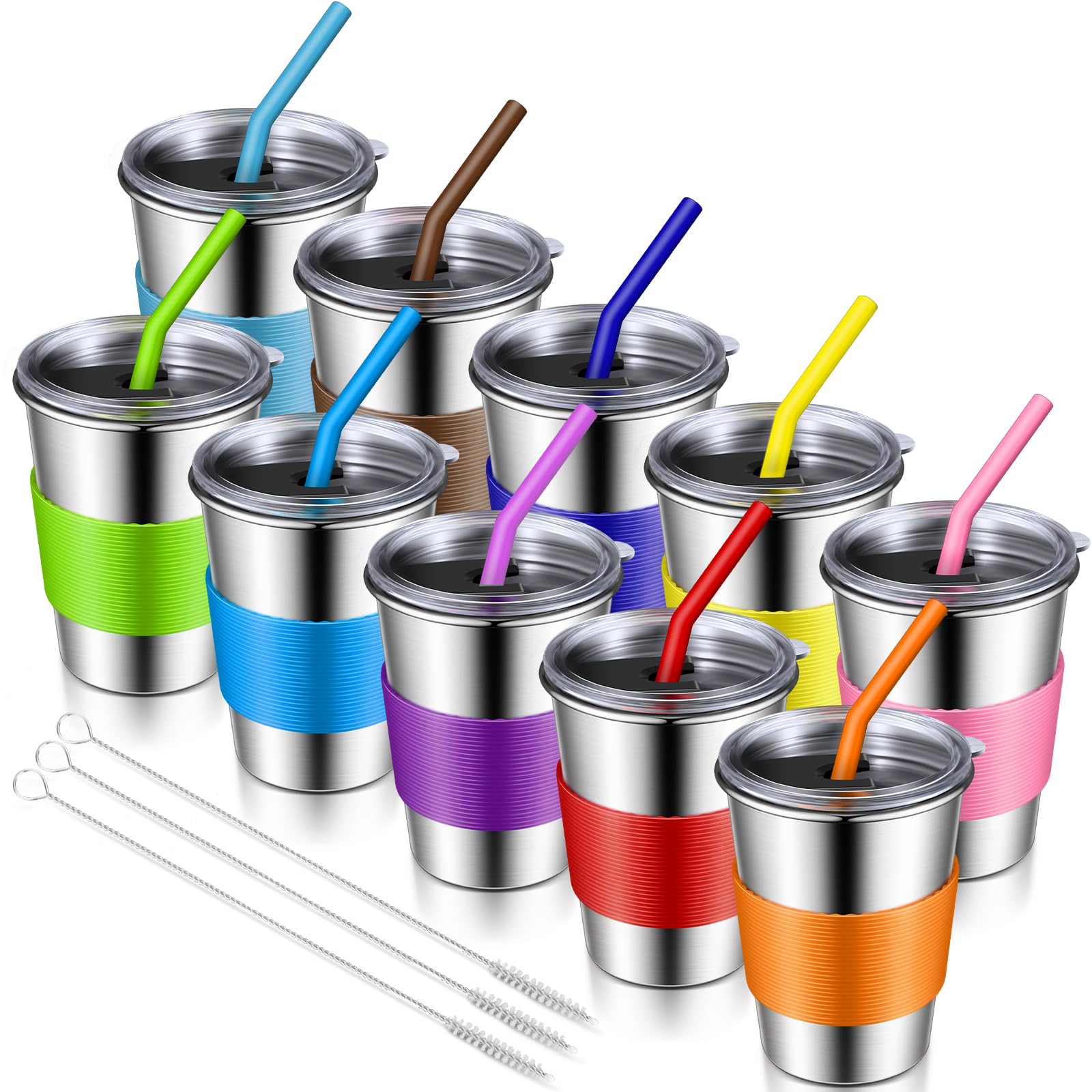 Eccliy 10 Pack Stainless Steel Kids Cups with Lids and Straws, Spill Proof Metal Tumblers with Sleeves, Sippy Drinking Water Glass for Toddlers and Adults (11.8 oz)