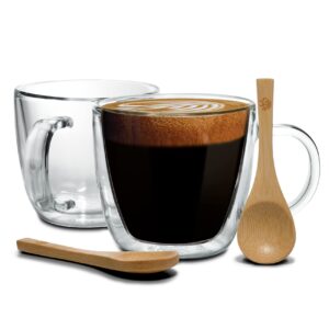 mainstream source® glass espresso mugs – insulated, double walled mug and espresso shot glass with 2 durable wooden spoons, holds 5.5oz of espresso (set of 2)