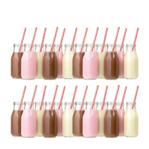 bba sunrise - set of 24 glass milk bottles with lids & straws 10oz, glass bottles with lids for parties, breakfast, wedding, picnic. milk jars with reusable red and white straws and airight metal lids