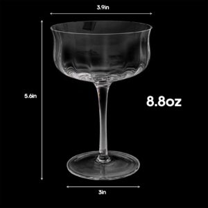 Hacaroa 4 Pack Vintage Coupe Glasses, 8.8 Oz Stemmed Crystal Cocktail Glassware, Clear Hand Blown Martini Glasses for Manhattan, Champagne, Gimlet, Home, Bar