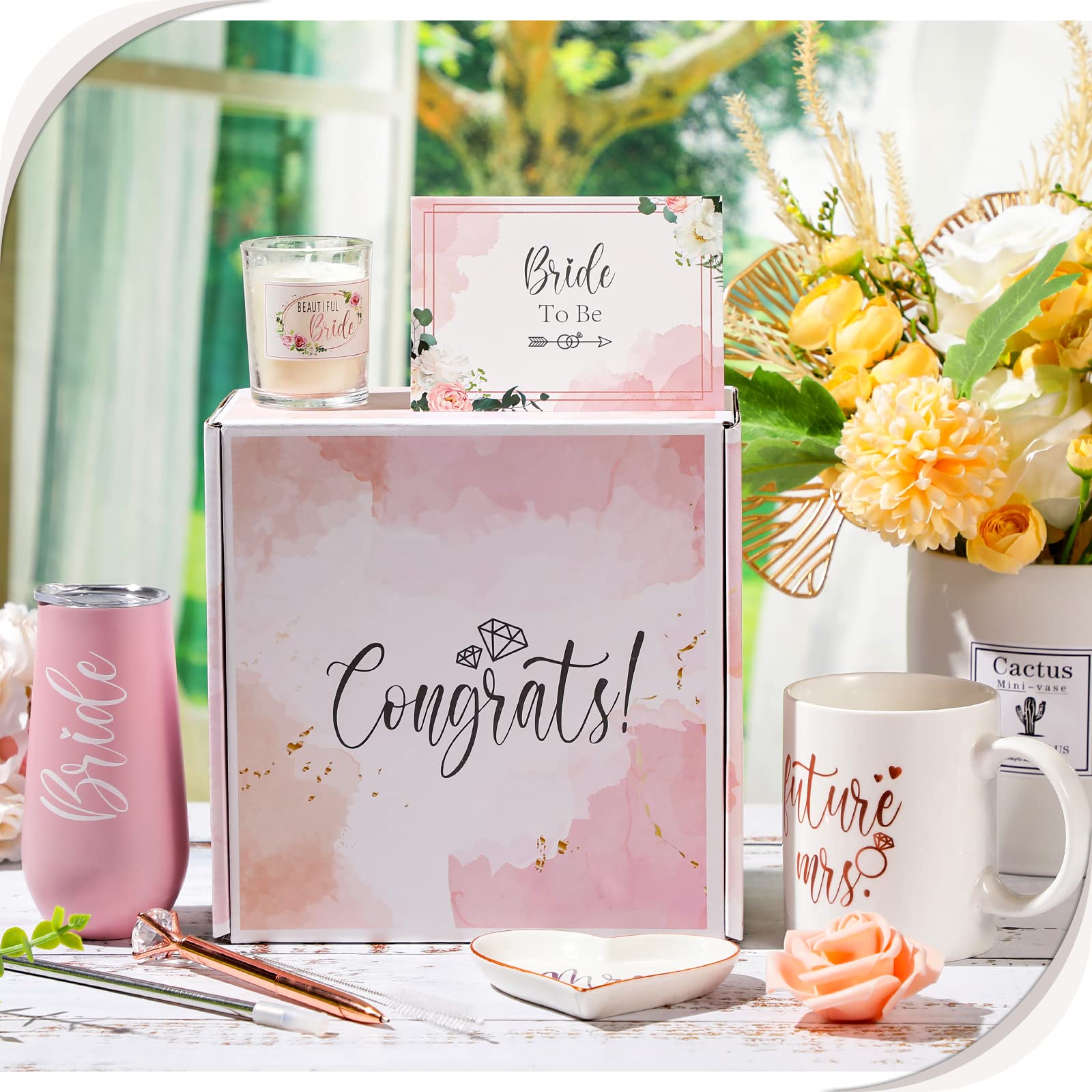 8 Pieces Bride Gifts Box Bridal Shower Gift Bachelorette Gifts for Bride Wedding Gift for Bride Stainless Steel Tumbler Coffee Mug Scented Candle and Ring Dish Set (Flowers)