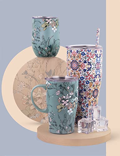 Vera Bradley Coffee Tumbler with Handle, 18 Ounce Stainless Steel Mug with Lid, Green Floral Metal Thermal Cup, Sunlit Garden Greek Sage