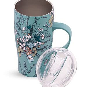 Vera Bradley Coffee Tumbler with Handle, 18 Ounce Stainless Steel Mug with Lid, Green Floral Metal Thermal Cup, Sunlit Garden Greek Sage