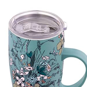 Vera Bradley Coffee Tumbler with Handle, 18 Ounce Stainless Steel Mug with Lid, Green Floral Metal Thermal Cup, Sunlit Garden Greek Sage