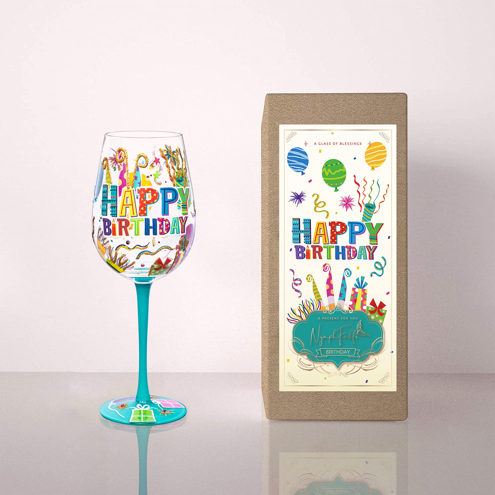 NymphFable Hand-painted Wine Glass Happy Birthday Artisan Painted 15oz Personalised Gift for Birthdays