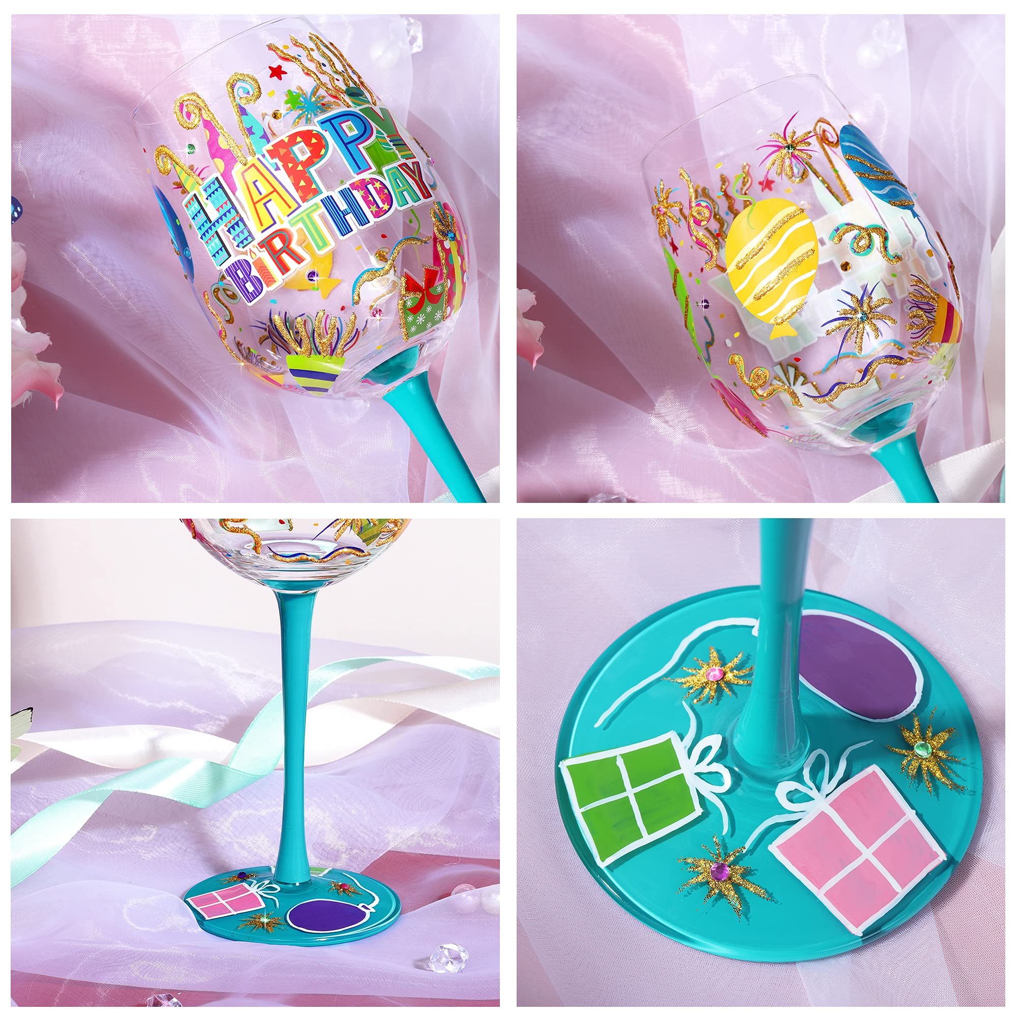 NymphFable Hand-painted Wine Glass Happy Birthday Artisan Painted 15oz Personalised Gift for Birthdays