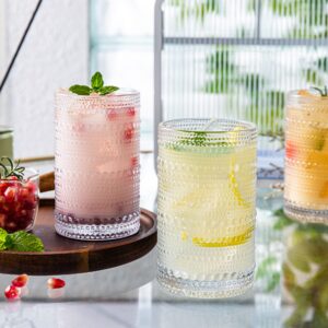 POLIDREAM Hobnail Drinking Glasses Set of 4, Art Deco Vintage Glassware, 12 oz Tall Crystal Tumblers, Clear Embossed Glass Cups, Romantic Iced Beverage Glass, for Beer, Cocktail, Soda, Cappuccino