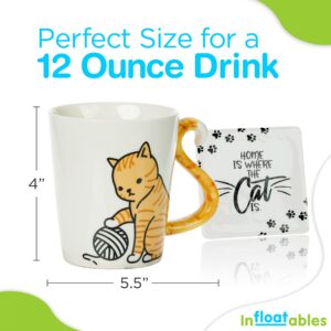 infloatables Orange Cat Mug & Coaster Set - 3D Ceramic Coffee Mug - Cat Tea Cup with Tail Cat Handle - Novelty Coffee Mugs - Cute Cups - Cute Cat Tea Mug - Cat Lover Gifts for Women (12oz)