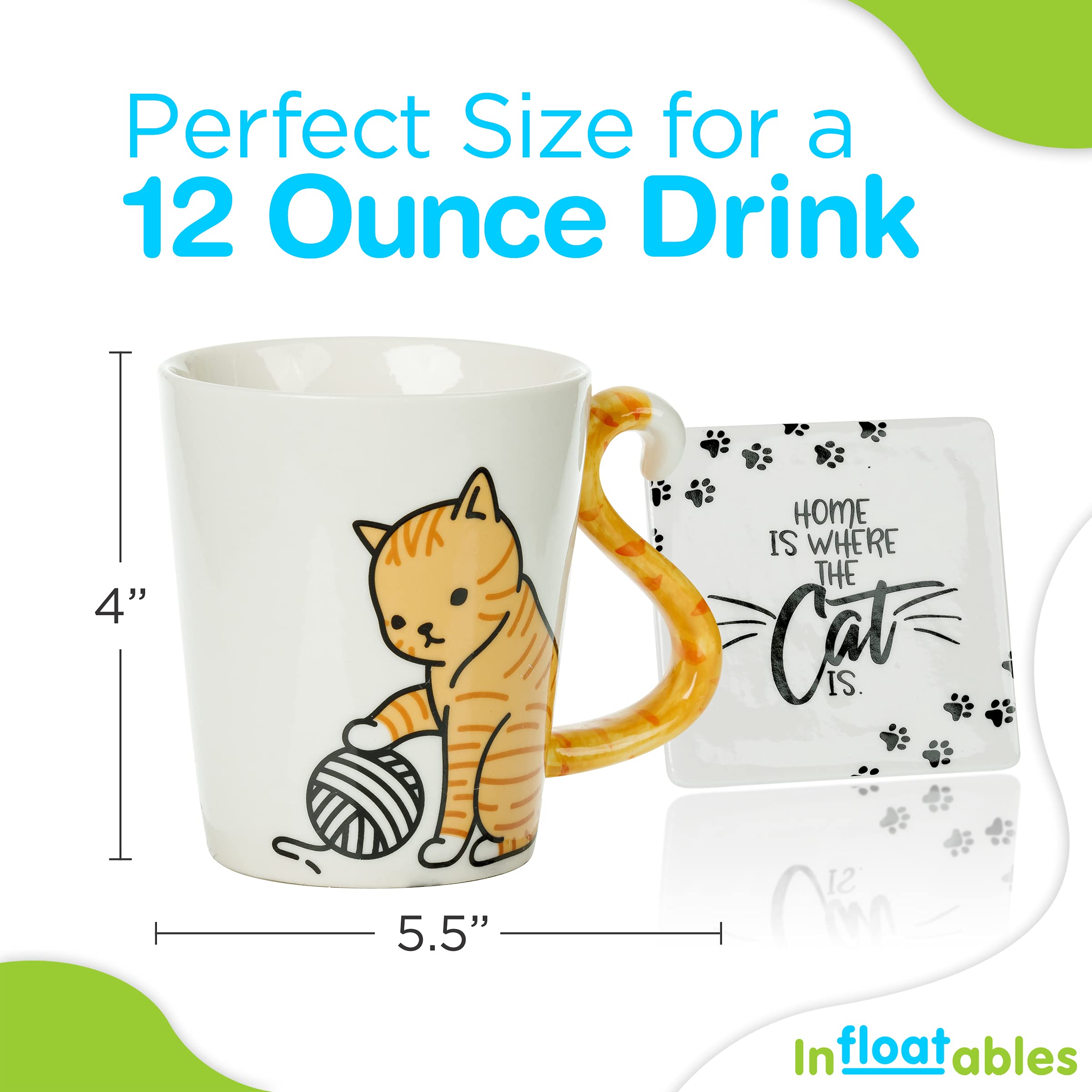 infloatables Orange Cat Mug & Coaster Set - 3D Ceramic Coffee Mug - Cat Tea Cup with Tail Cat Handle - Novelty Coffee Mugs - Cute Cups - Cute Cat Tea Mug - Cat Lover Gifts for Women (12oz)