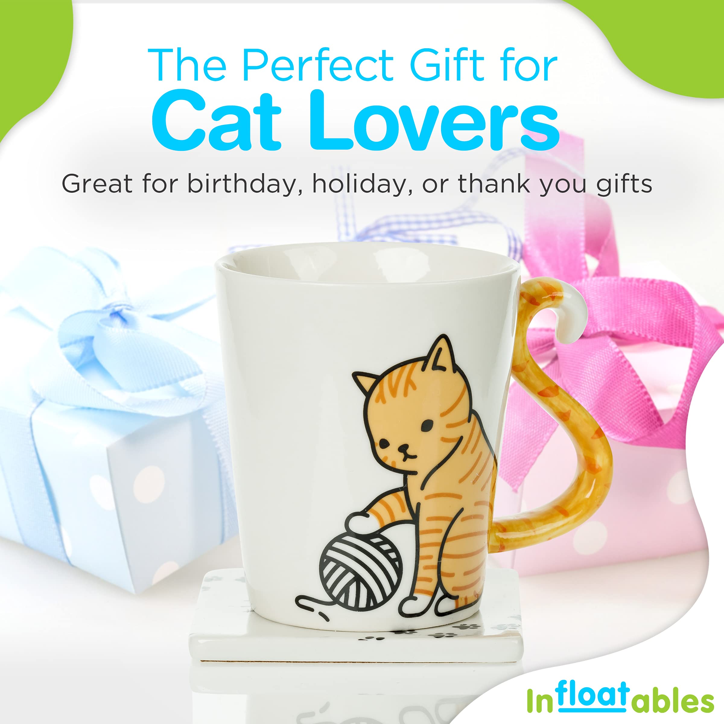 infloatables Orange Cat Mug & Coaster Set - 3D Ceramic Coffee Mug - Cat Tea Cup with Tail Cat Handle - Novelty Coffee Mugs - Cute Cups - Cute Cat Tea Mug - Cat Lover Gifts for Women (12oz)