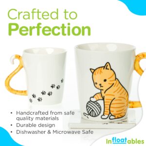 infloatables Orange Cat Mug & Coaster Set - 3D Ceramic Coffee Mug - Cat Tea Cup with Tail Cat Handle - Novelty Coffee Mugs - Cute Cups - Cute Cat Tea Mug - Cat Lover Gifts for Women (12oz)