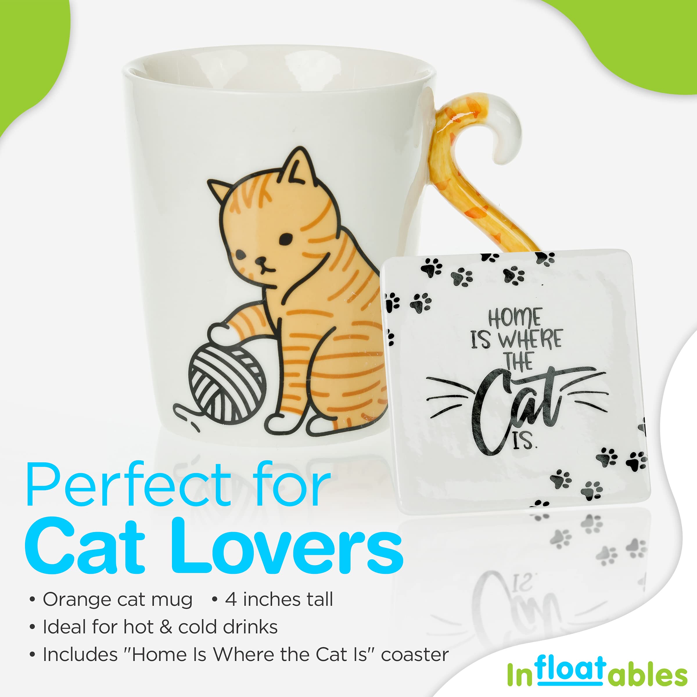 infloatables Orange Cat Mug & Coaster Set - 3D Ceramic Coffee Mug - Cat Tea Cup with Tail Cat Handle - Novelty Coffee Mugs - Cute Cups - Cute Cat Tea Mug - Cat Lover Gifts for Women (12oz)