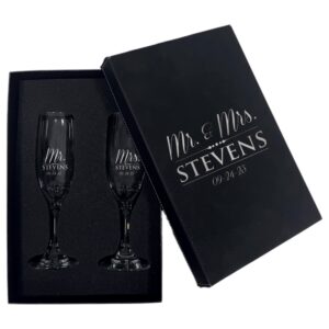 my personal memories, set of 2 mr and mrs personalized champagne wedding toasting flute glasses - engraved, etched, monogrammed, customized