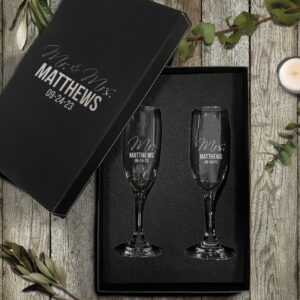 My Personal Memories, Set of 2 Mr and Mrs Personalized Champagne Wedding Toasting Flute Glasses - Engraved, Etched, Monogrammed, Customized