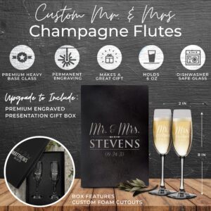 My Personal Memories, Set of 2 Mr and Mrs Personalized Champagne Wedding Toasting Flute Glasses - Engraved, Etched, Monogrammed, Customized