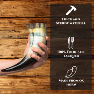 Trondebal Viking Drinking Horn Set of 3 with Stand, 10 Oz Natural Ox Horn | Cool Unique Beer Gift for Men and Women, Home Decor, Medieval Shot Glasses for Ale, Mead, Alcohol, Whiskey