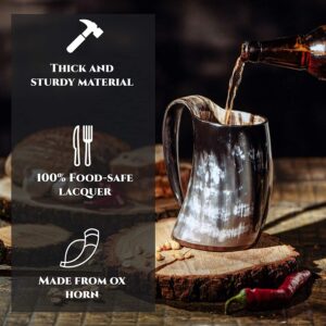 Trondebal Viking Drinking Horn Mug, 15-20 Oz Natural Ox Horn Cup & Cofee Stein | Cool Unique Gift for Men and Women, Home Decor Accessories | Shot Glasses for Beer, Ale, Mead, Whiskey