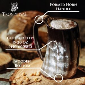 Trondebal Viking Drinking Horn Mug, 15-20 Oz Natural Ox Horn Cup & Cofee Stein | Cool Unique Gift for Men and Women, Home Decor Accessories | Shot Glasses for Beer, Ale, Mead, Whiskey