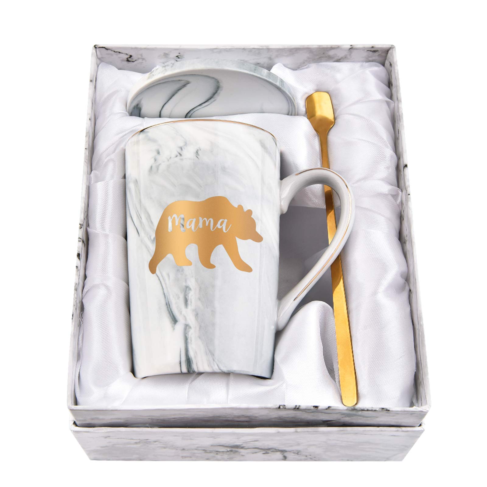 Mama Bear Marble Coffee Mug Bear Mug for Mom Coffee Mug Cup for Women from Daughter Son Best Gift for Mom On Mothers Day Christmas Birthday Marble Coffee Mug with Box, Spoon, Coaster, 14 Oz