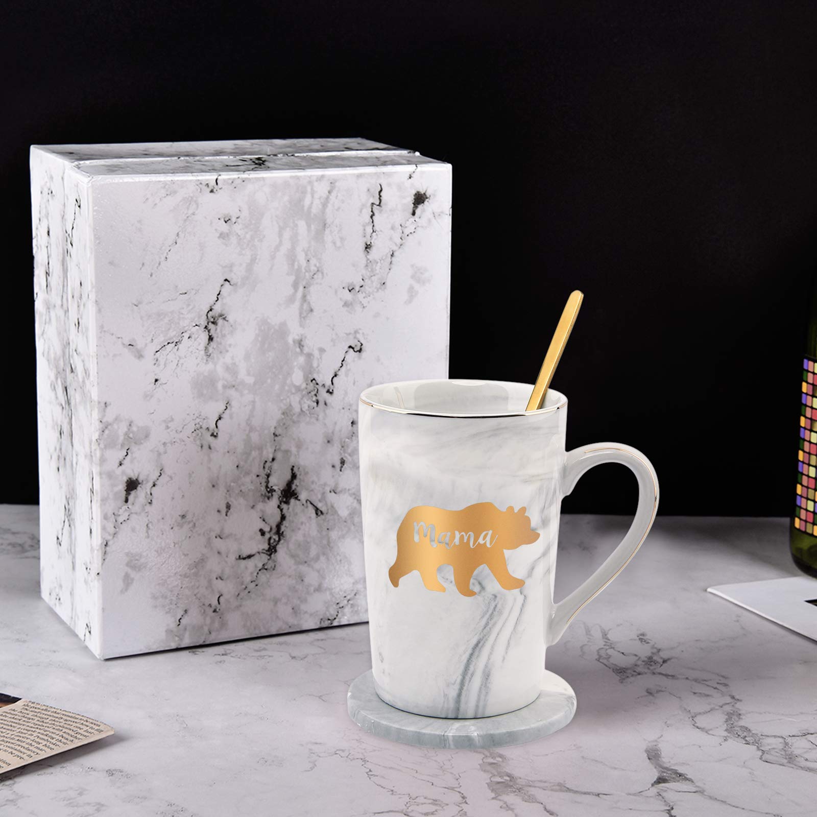 Mama Bear Marble Coffee Mug Bear Mug for Mom Coffee Mug Cup for Women from Daughter Son Best Gift for Mom On Mothers Day Christmas Birthday Marble Coffee Mug with Box, Spoon, Coaster, 14 Oz