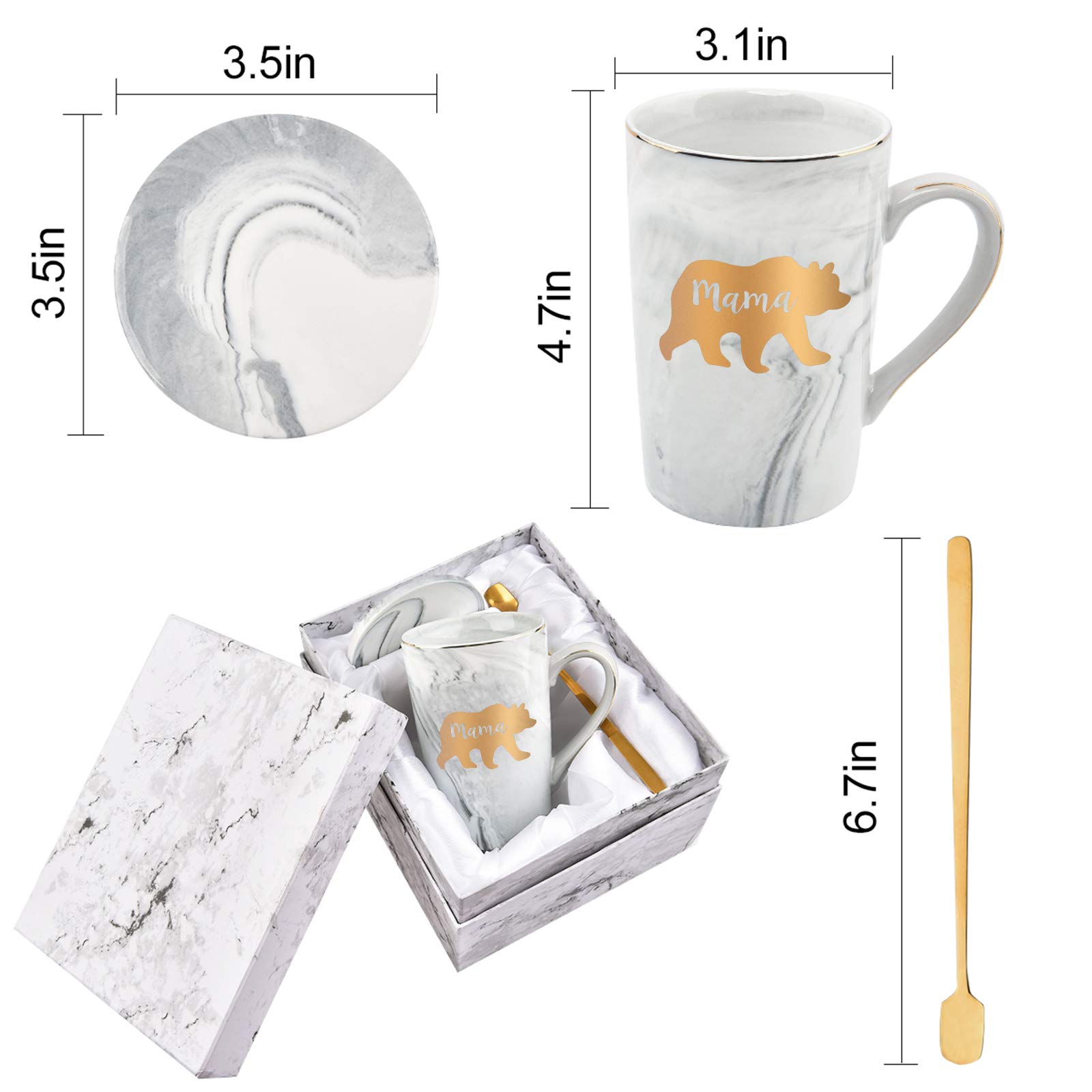 Mama Bear Marble Coffee Mug Bear Mug for Mom Coffee Mug Cup for Women from Daughter Son Best Gift for Mom On Mothers Day Christmas Birthday Marble Coffee Mug with Box, Spoon, Coaster, 14 Oz