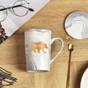 Mama Bear Marble Coffee Mug Bear Mug for Mom Coffee Mug Cup for Women from Daughter Son Best Gift for Mom On Mothers Day Christmas Birthday Marble Coffee Mug with Box, Spoon, Coaster, 14 Oz