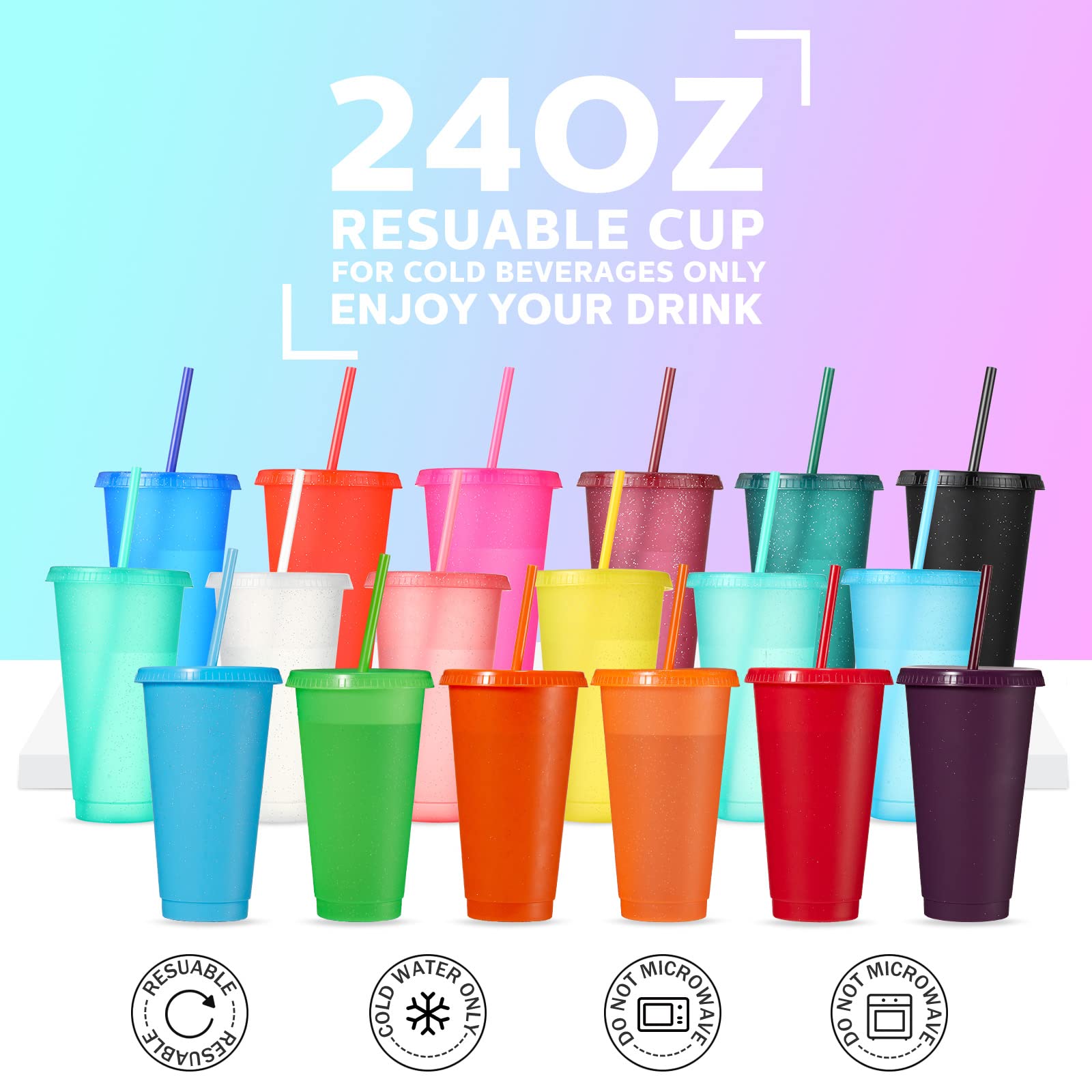 18 Packs Cups with Lids and Straws Glitter Reusable Cups in Vivid Colors 24 oz Plastic Tumbler with Lid and Straw Iced Coffee Cup Reusable Coffee Cups with Lid Ices Coffee Travel Mug Cup Water Glasses