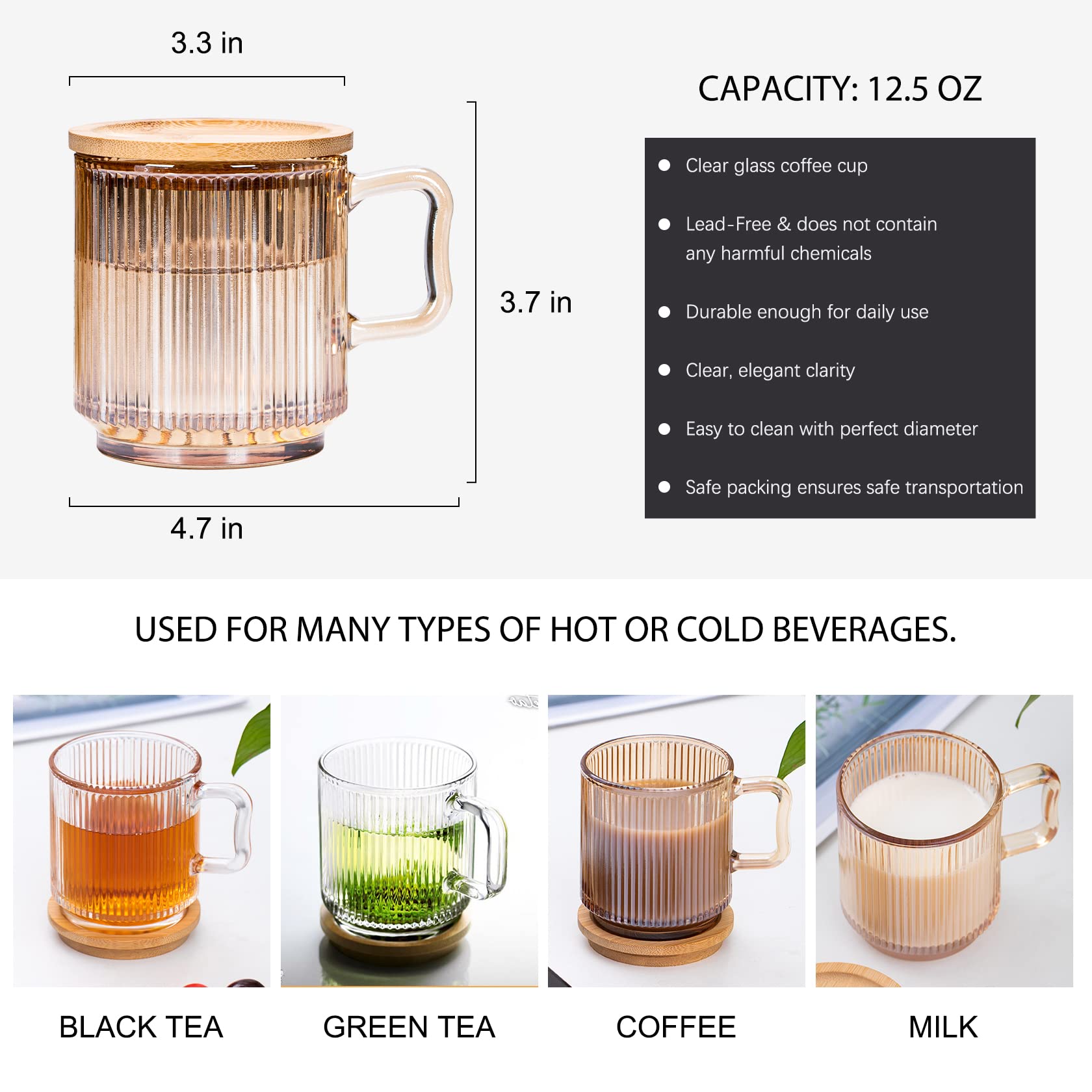 Leadiy Brown Glass Coffee Mug with Lid, Clear Glass Coffee Cups, Classical Vertical Stripes Coffee Mugs for Latte Juice Tea 12.5 Ounces