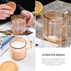 Leadiy Brown Glass Coffee Mug with Lid, Clear Glass Coffee Cups, Classical Vertical Stripes Coffee Mugs for Latte Juice Tea 12.5 Ounces