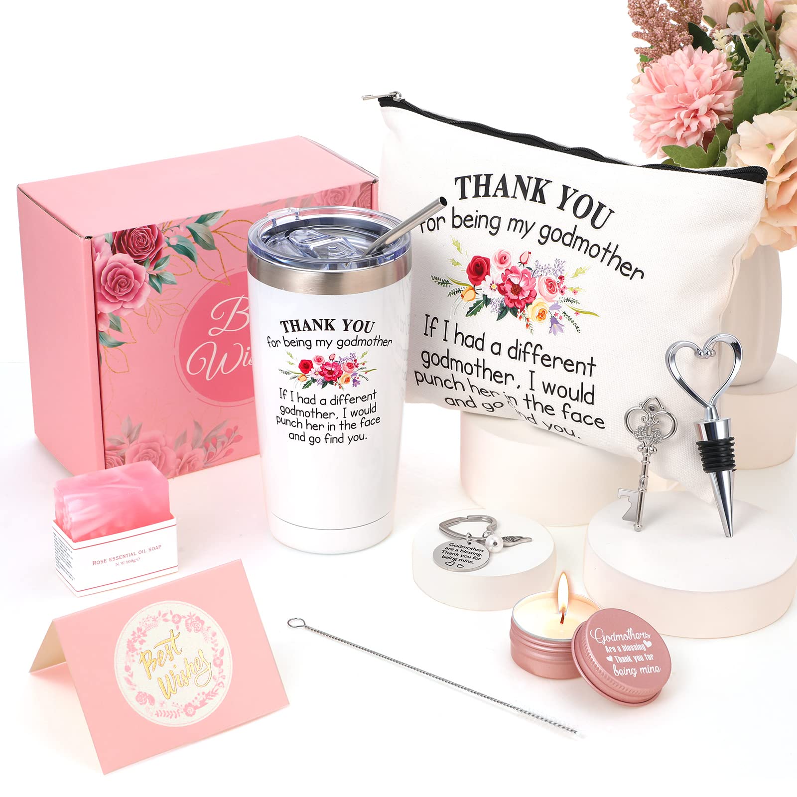 Novel Godmother Gift Set, Thanks for Being My Godmother Spa Tumbler Relaxation Basket Including 20 Oz Insulated Vacuum Mug Tumbler with Lid Straw Brush Godmother Keychain Makeup Bag (Flower)