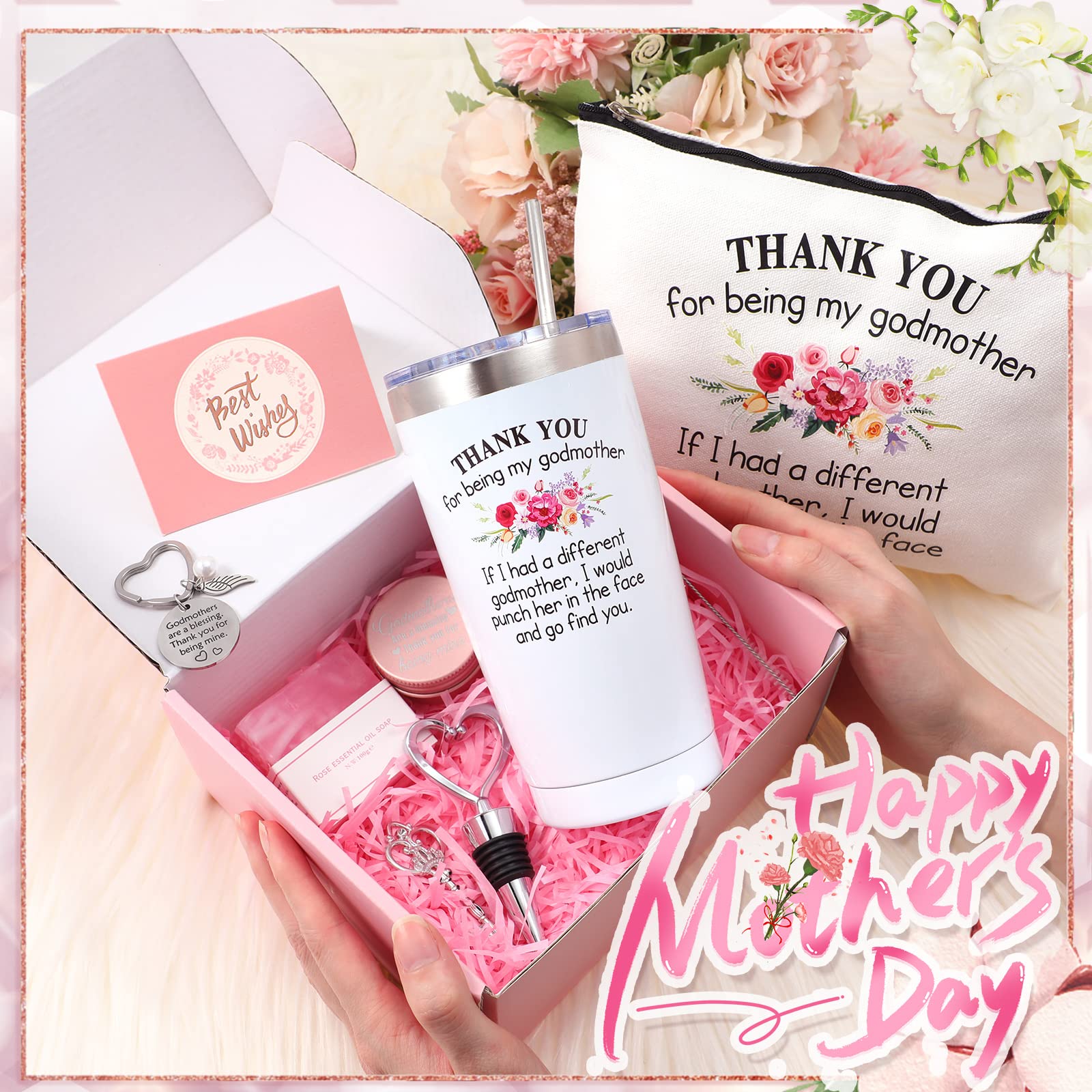 Novel Godmother Gift Set, Thanks for Being My Godmother Spa Tumbler Relaxation Basket Including 20 Oz Insulated Vacuum Mug Tumbler with Lid Straw Brush Godmother Keychain Makeup Bag (Flower)