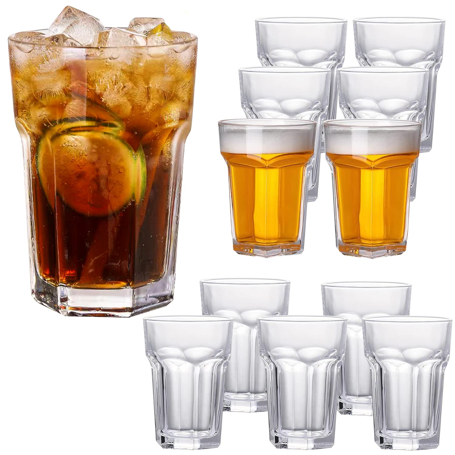 QAPPDA Clear Drinking Glasses Set of 12,Thick and Sturdy Water Glass Beer Tumbler,14oz All-purpose Beverage Glasses for Juice,Kitchen,Party