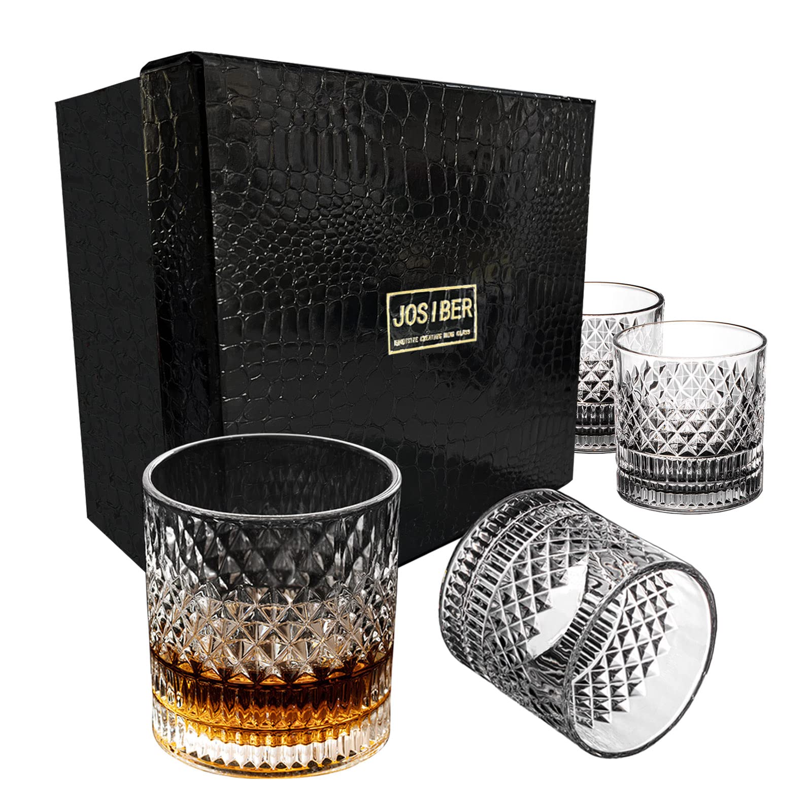 Whiskey Glass Set of 4-Premium 11.2 OZ Scotch Glasses Old Fashioned Whiskey Glasses Thick Bottom Rum Style Glassware for Bourbon,Best Gifts For Men Dad Fathers Day Husband