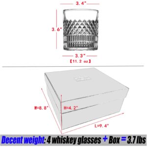 Whiskey Glass Set of 4-Premium 11.2 OZ Scotch Glasses Old Fashioned Whiskey Glasses Thick Bottom Rum Style Glassware for Bourbon,Best Gifts For Men Dad Fathers Day Husband