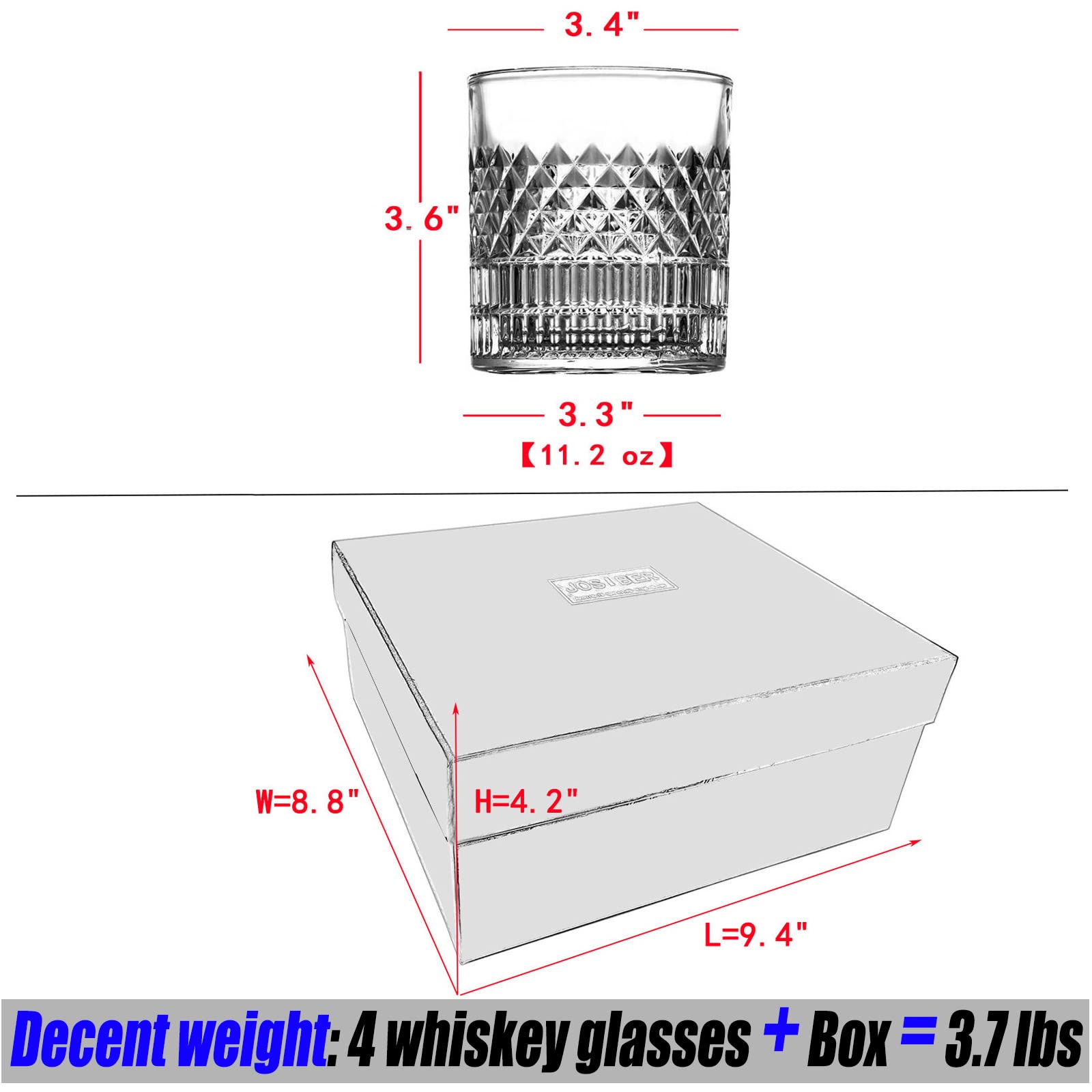 Whiskey Glass Set of 4-Premium 11.2 OZ Scotch Glasses Old Fashioned Whiskey Glasses Thick Bottom Rum Style Glassware for Bourbon,Best Gifts For Men Dad Fathers Day Husband