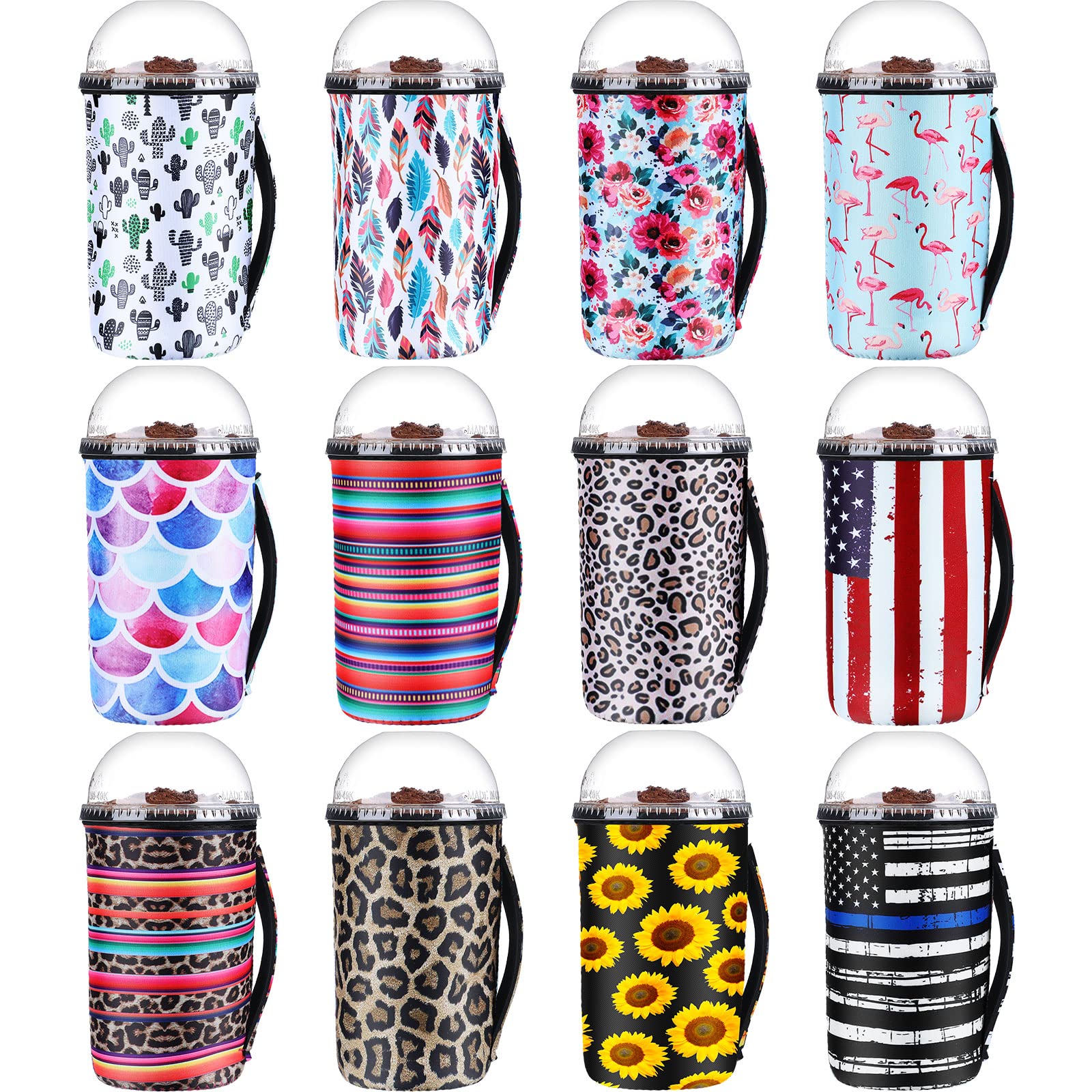 Boao 12 Pieces Reusable Iced Coffee Cup Sleeve Insulator Neoprene Beverages Cup Cover Holder for Tumbler Cup Hot Cold Drinks, with Handle