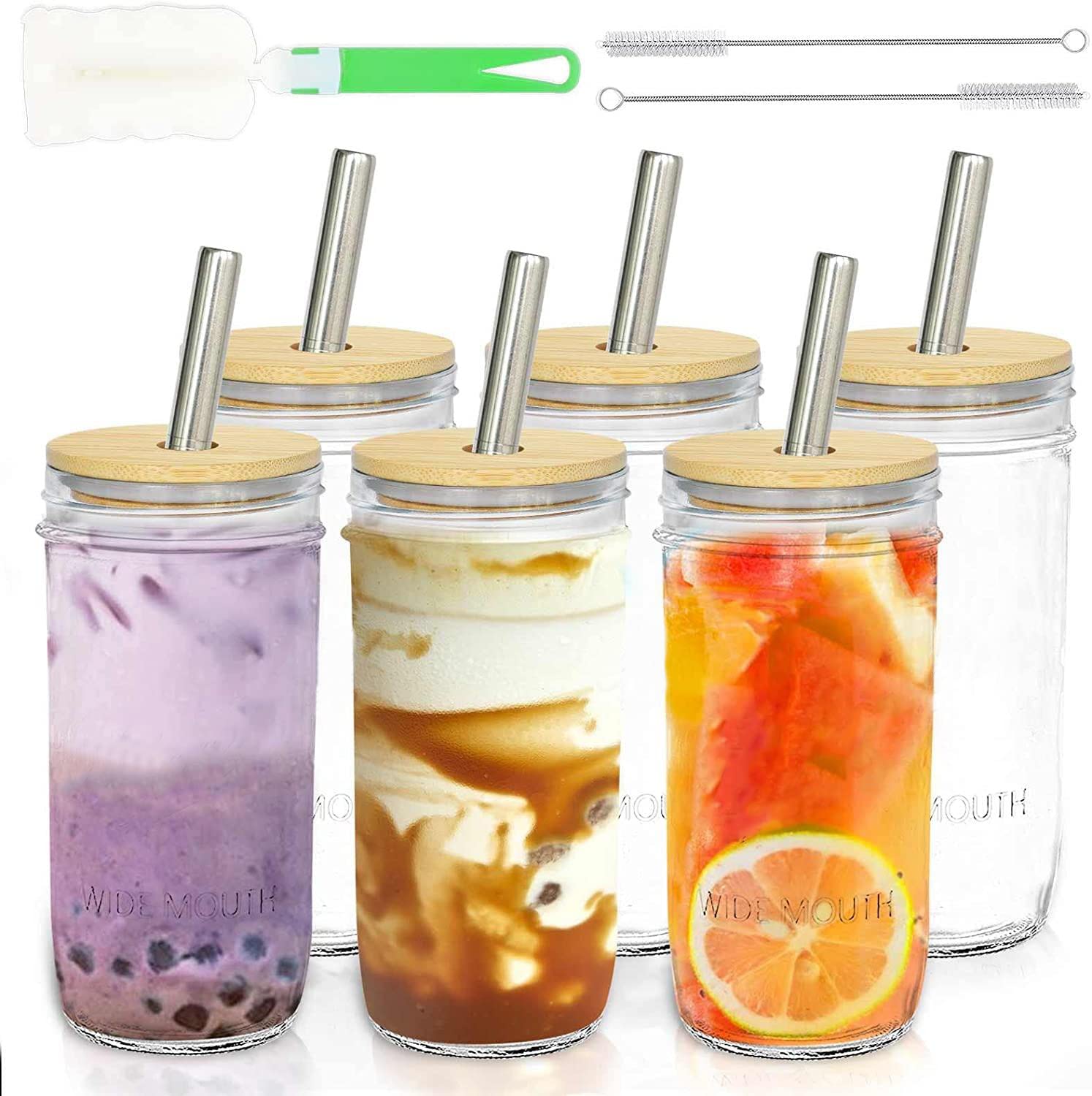 BESTBEL 6 Pack Mason Jar Drinking Glasses with Lids and Straws,24OZ Glass Cups with Bamboo Lids and Straws,Wide Mouth Reusable Smoothie Cups,Iced Coffee Cups,Boba Cup,Bubble Tea Cup