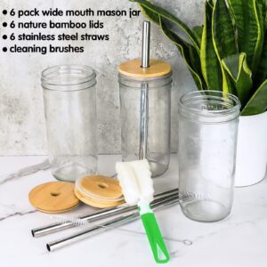 BESTBEL 6 Pack Mason Jar Drinking Glasses with Lids and Straws,24OZ Glass Cups with Bamboo Lids and Straws,Wide Mouth Reusable Smoothie Cups,Iced Coffee Cups,Boba Cup,Bubble Tea Cup