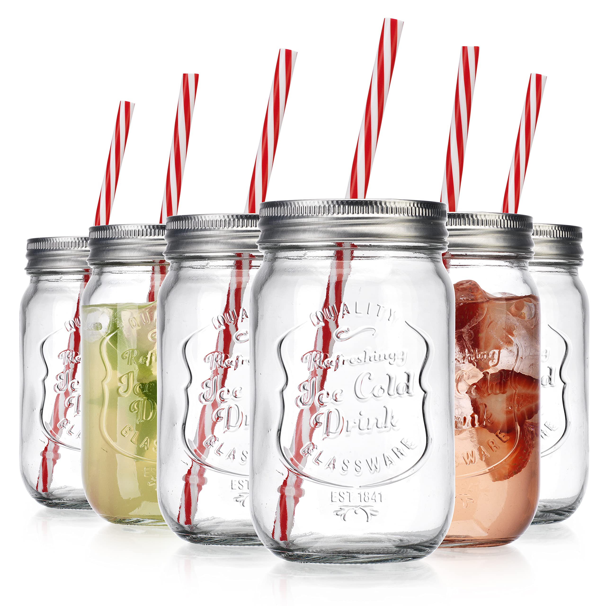 Glaver's Mason Drinking Jars – Set of 6 Ice Cold Drinking Glass Jar with Lid – 15 Oz Clear Glass Mugs. For Home, Dinner, Drinks, Juice, Cocktails, Lemonade.