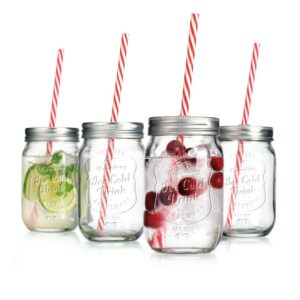 Glaver's Mason Drinking Jars – Set of 6 Ice Cold Drinking Glass Jar with Lid – 15 Oz Clear Glass Mugs. For Home, Dinner, Drinks, Juice, Cocktails, Lemonade.