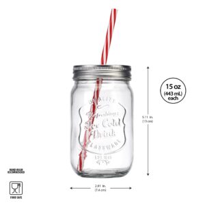 Glaver's Mason Drinking Jars – Set of 6 Ice Cold Drinking Glass Jar with Lid – 15 Oz Clear Glass Mugs. For Home, Dinner, Drinks, Juice, Cocktails, Lemonade.