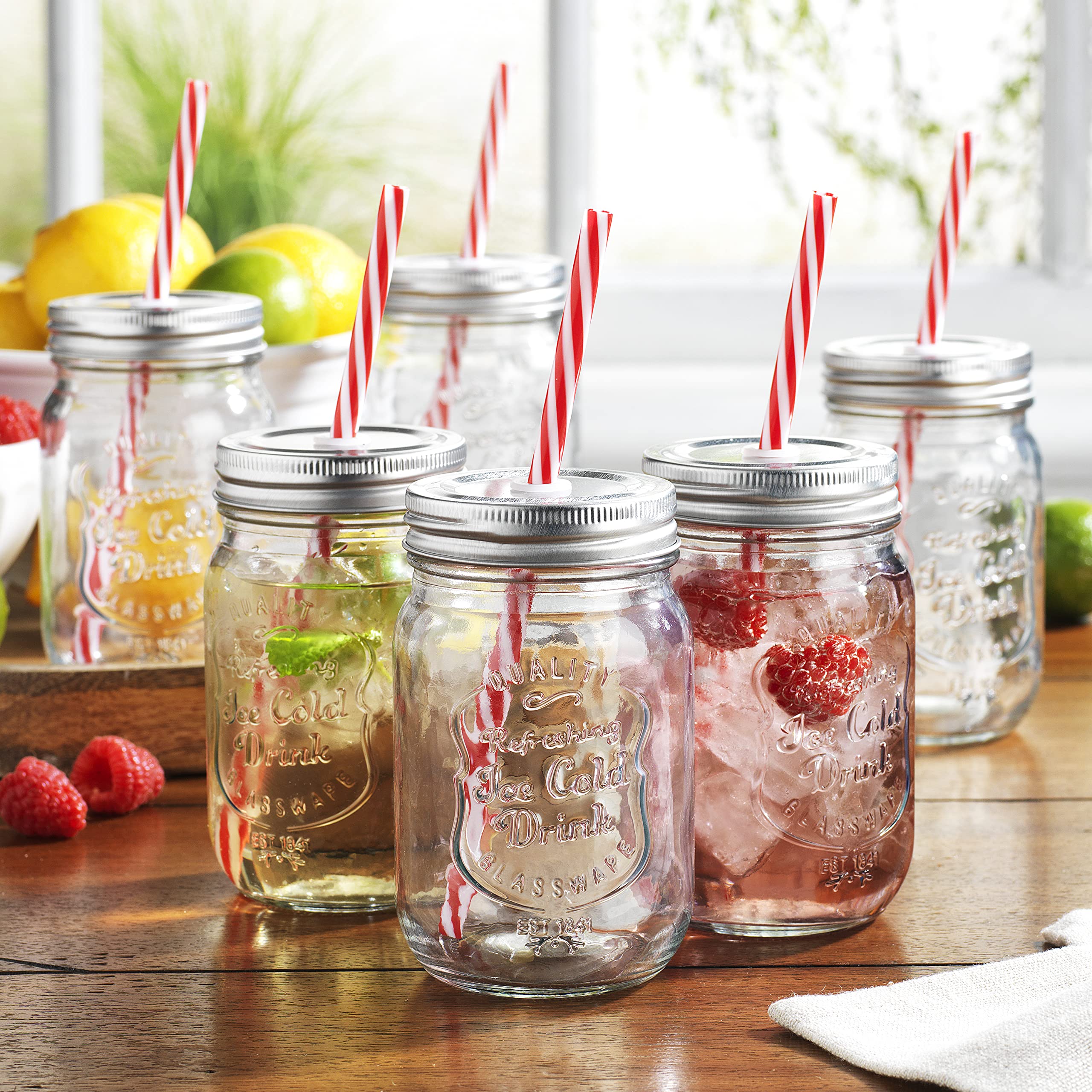 Glaver's Mason Drinking Jars – Set of 6 Ice Cold Drinking Glass Jar with Lid – 15 Oz Clear Glass Mugs. For Home, Dinner, Drinks, Juice, Cocktails, Lemonade.