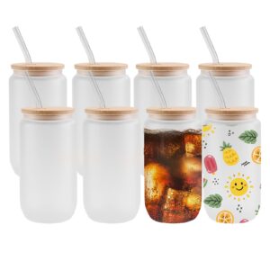 OFFNOVA 8 Pack Sublimation Glass Tumblers with Bamboo Lid and Straw, 16oz Frosted Beer Can Sublimation Tumbler Blanks Mason Jar Cups for Iced Coffee, Soda, Juice