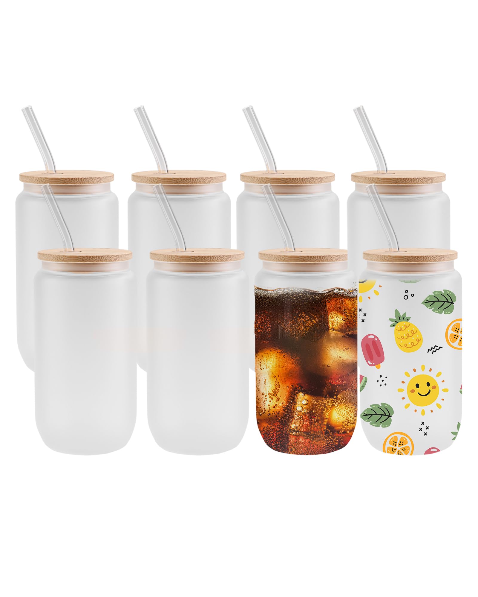 OFFNOVA 8 Pack Sublimation Glass Tumblers with Bamboo Lid and Straw, 16oz Frosted Beer Can Sublimation Tumbler Blanks Mason Jar Cups for Iced Coffee, Soda, Juice