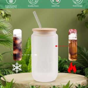 OFFNOVA 8 Pack Sublimation Glass Tumblers with Bamboo Lid and Straw, 16oz Frosted Beer Can Sublimation Tumbler Blanks Mason Jar Cups for Iced Coffee, Soda, Juice