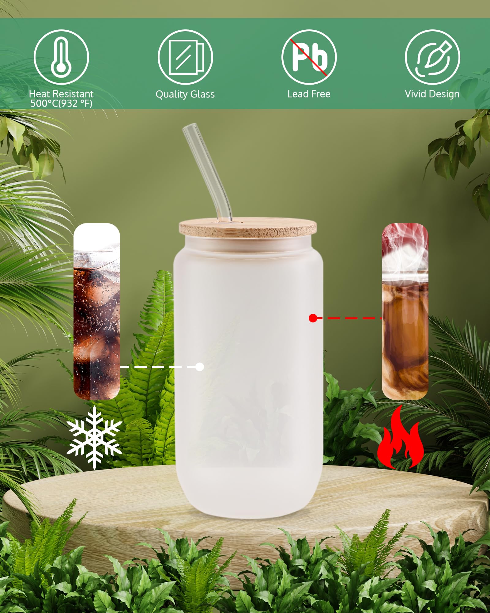 OFFNOVA 8 Pack Sublimation Glass Tumblers with Bamboo Lid and Straw, 16oz Frosted Beer Can Sublimation Tumbler Blanks Mason Jar Cups for Iced Coffee, Soda, Juice