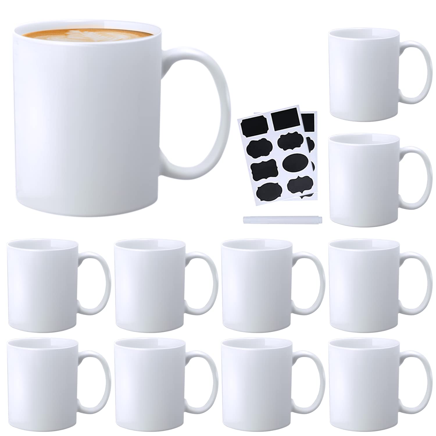 COMUDOT Ceramic Coffee Mug,White Tea Mug,Classic Drinking Cups with Handle,11 OZ Cups Set of 12, for Hot or Cold Drinks like Cocoa, Milk, Tea or Water(Labels & Chalk Marker)