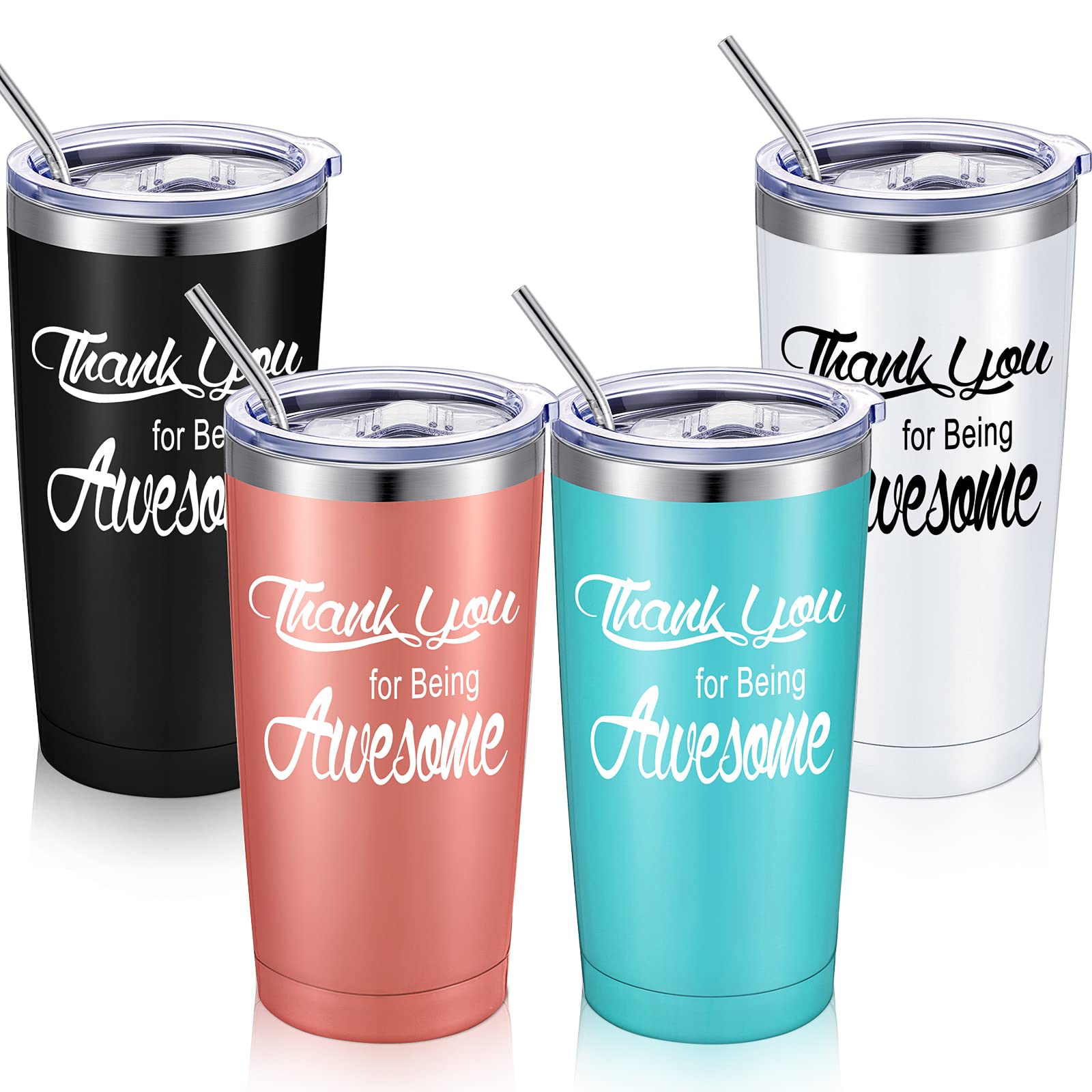 Suclain Employee Appreciation Gifts 20 oz Thank You for Being Awesome Tumblers with Lids Straws for Graduation Friends Coworker Nurses Gifts(Light Blue, Rose Gold, Black, White, 4 Sets)