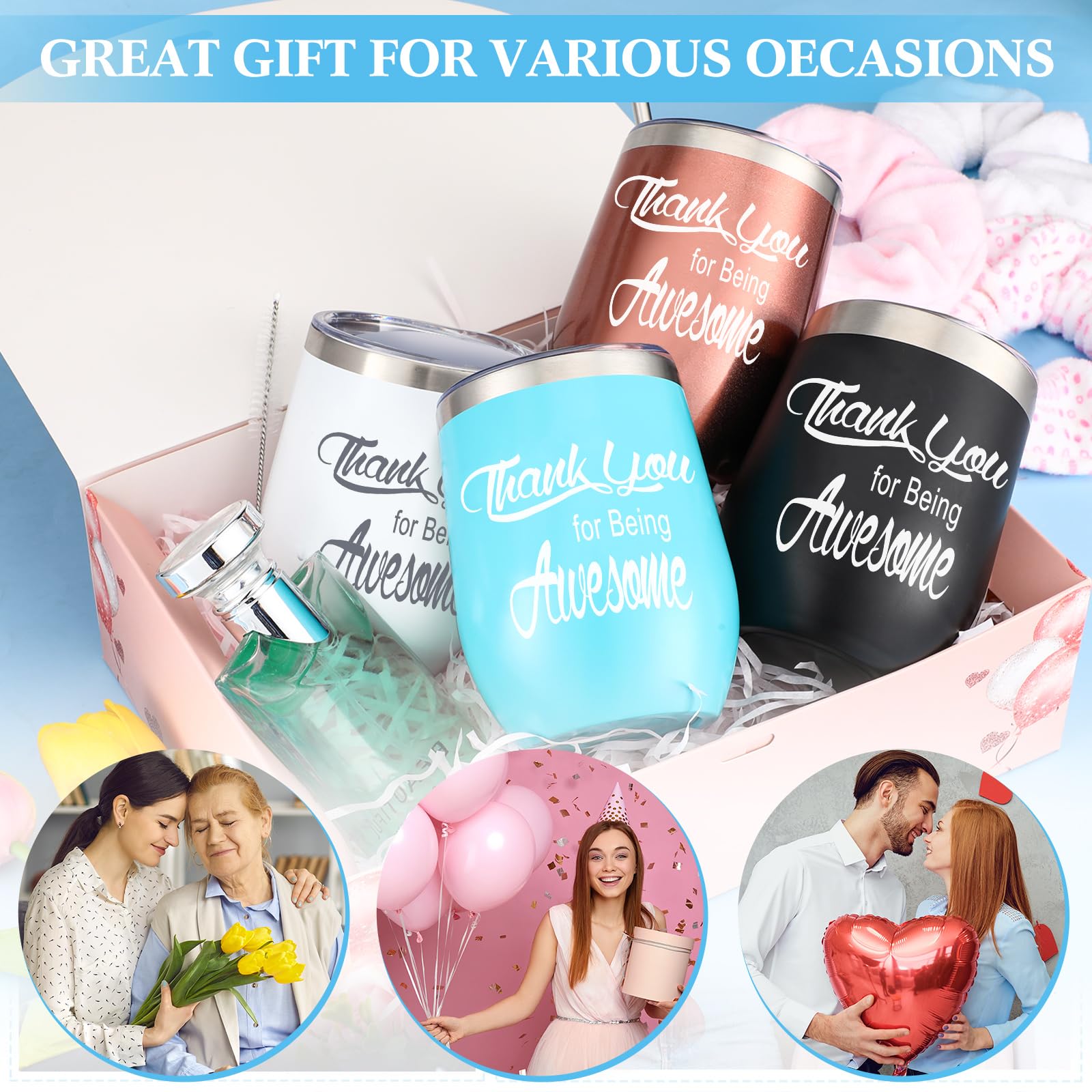 Thank You Gifts Thank You for Being Awesome Wine Tumbler Employee Appreciation Gifts Thank You Gift for Women Men Coworkers Friend Stainless Steel Insulated Tumbler with Straw (Multiple Color, 8 Pcs)