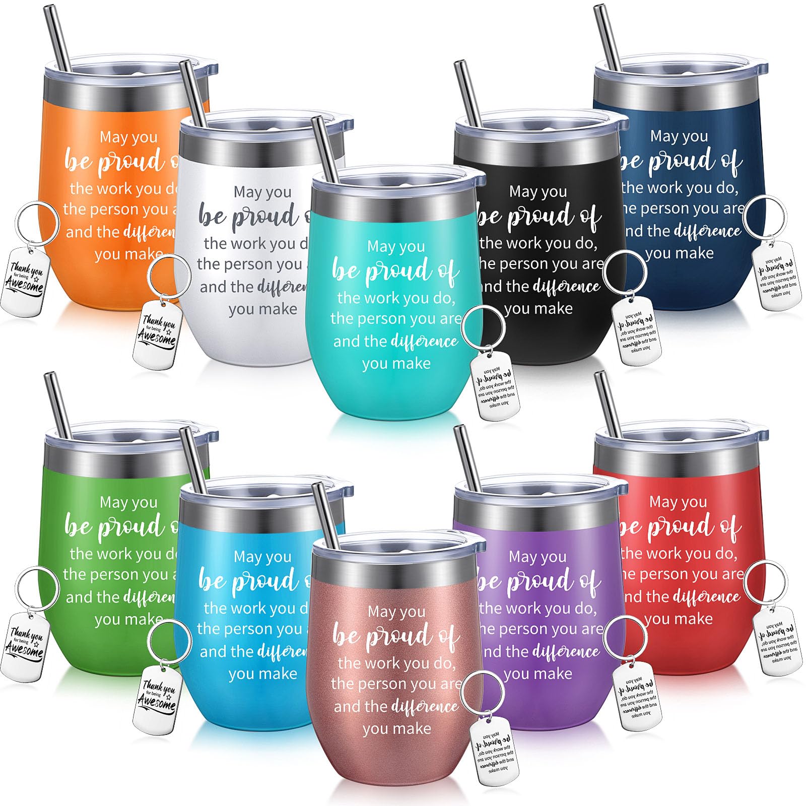 Inbagi Inspirational Thank You Gifts Employee Appreciation Mug 12oz May You Be Proud Wine Tumbler Stainless Steel Coworker Tumbler Cup Keychain for Christmas Thanksgiving(Bright Colors, 10 Pcs)